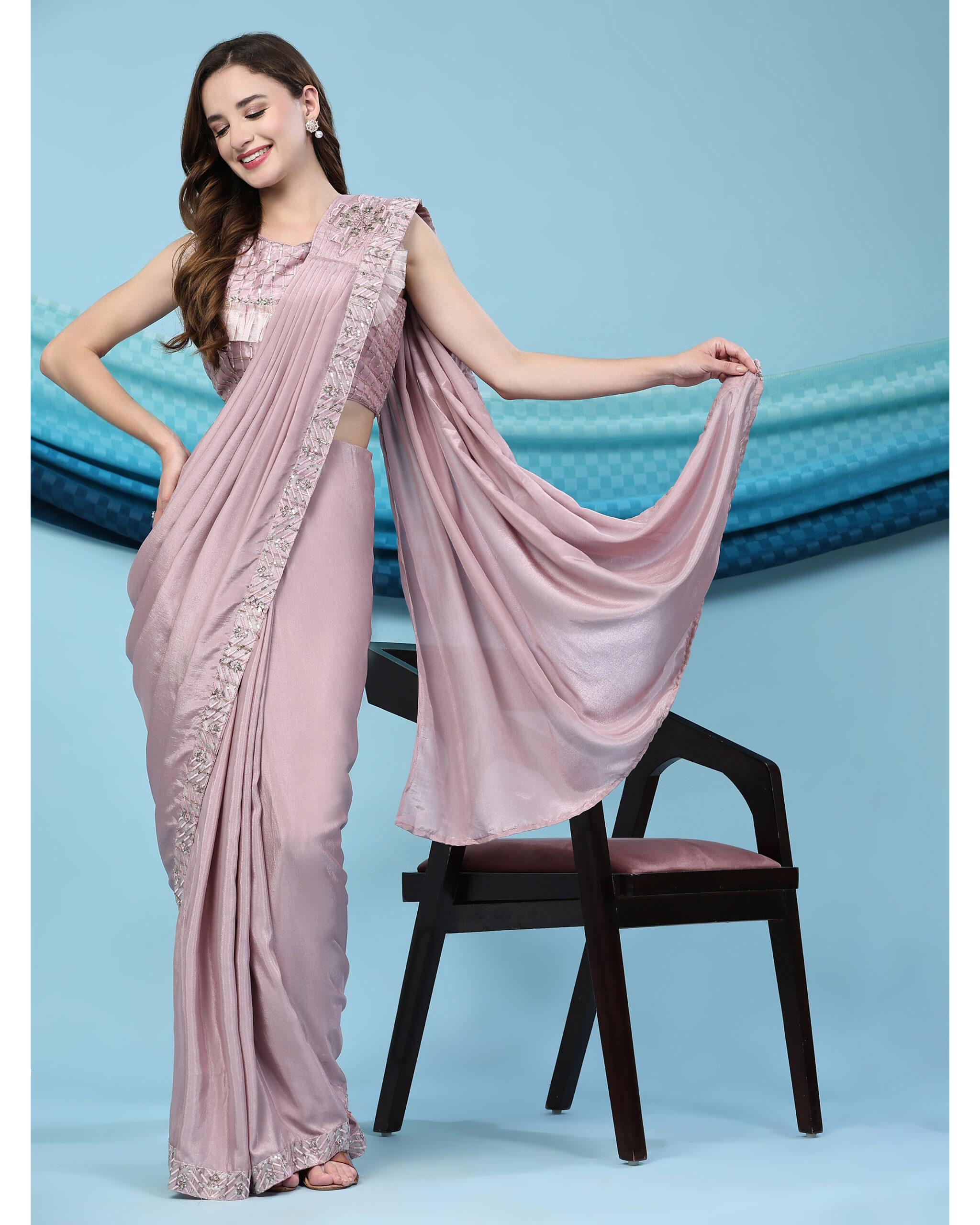 Ready To Wear Silk Satin Partywear Saree With Blouse - Ethnicrang